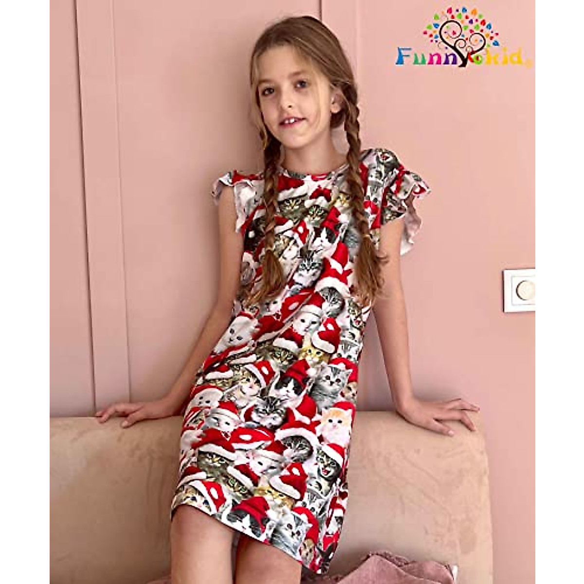 Girls Princess Funny Christmas Nightgowns Pajamas Dress Size 9 3D Graphic Printed Cat Nightdress Sleepwear for Family Party 9-10 T