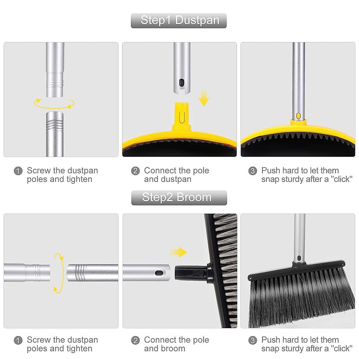 Yocada Broom and Dustpan Set Upgrade 52" Long Handle Upright Stand Up Dustpan with Combo Stiff Bristle Indoor Outdoor Perfect for Home Kitchen Room Office Lobby Floor Pet Hair Rubbish Dark Grey