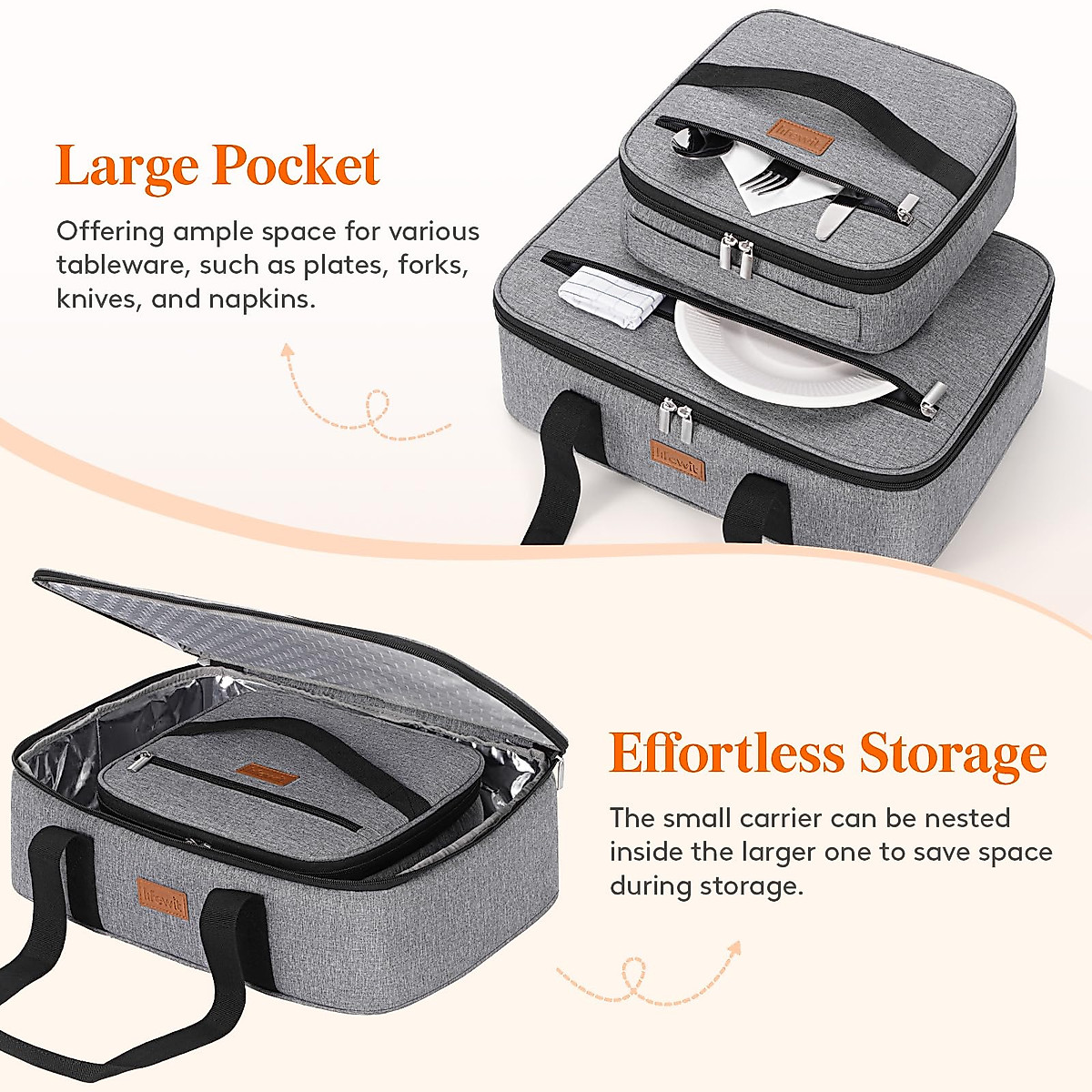Lifewit Duo Insulated Casserole Carrier for Hot or Cold Food, Lasagna Holder 2 Compartments, Thermal Lunch Tote for Potluck Parties Cookouts, Fits 9"x13" Casserole Dish, Gray