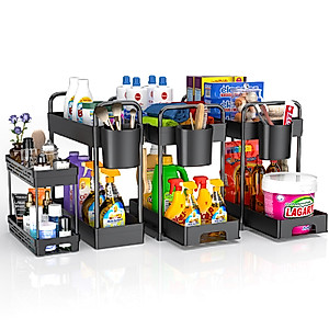 2 Pack Under Sink Organizer- 2 Stackable Rack Organizer Tier Bathroom Under the Sink Organizers Multi-Usage Kitchen Cabinet Organizers and Storage Bath Shelf Baskets w 4 Hanging Cup and 5 Hooks, Black