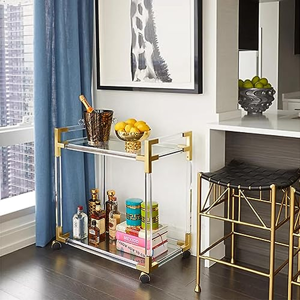VLOBAOM Gold Bar Cart on Wheels, Clear Acrylic Serving Cart for Home, Mobile Storage Shelf, Rolling Drink Trolley for Living Room, Kitchen, Hotel,80x40x80cm,Gold