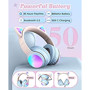 Bluetooth Headphones for Kids, Kid Odessey Cat Ears Wireless Kids Headphones, Bluetooth 5.3, 50H Playtime, 84/94dB Volume Limited, Colorful LED Lights, Built-in Mic Over-Ear Headsets for iPad/Tablet