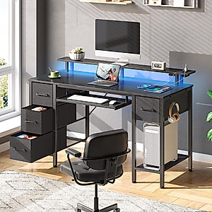 Seventable Computer Desk 47.2" with LED Lights & Power Outlets, Home Office Desk with 4 Drawers, Writing Desk with Keyboard Tray, Study Desk with Monitor Stand, Work Desk for Home Office, Black