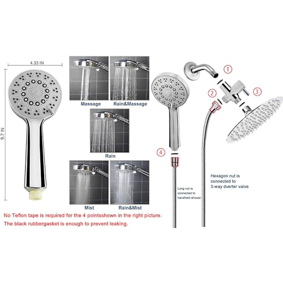 Shower Head with Hose, High-Pressure Stainless Steel 8'' Rain Showerhead and 5 Settings Handheld Shower Spray Combo with Push Button Flow Control for Easy Operation (NearMoon Shower Head Set), Chrome