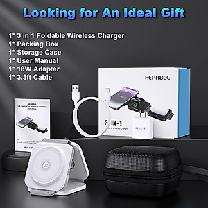 HERRBOL 3 in 1 Wireless Charger, Dual Magnetic Wireless Charger for iPhone 14/13/12 Series and Apple Watch, Pocket Travel Charger for iPhone Watch and Airpods 3/2/Pro (with Storage Case)