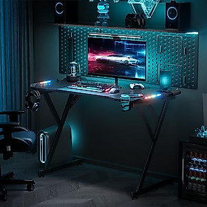 HLDIRECT 47 Inch Gaming Desk with LED Lights, Ergonomic Computer Gaming Table with Carbon Fibre Surface, Sturdy PC Workstation Desk for Gaming and Home Office with Headphone Hook, Cup Holder, Black