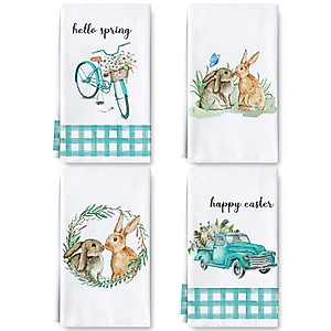 AnyDesign Easter Kitchen Towel Watercolor Easter Bunny Rabbit Truck Bicycle Dish Towel Blue White Plaids Spring Hand Drying Tea Towel for Cooking Baking Cleaning Wipes, Set of 4, 18 x 28 Inch