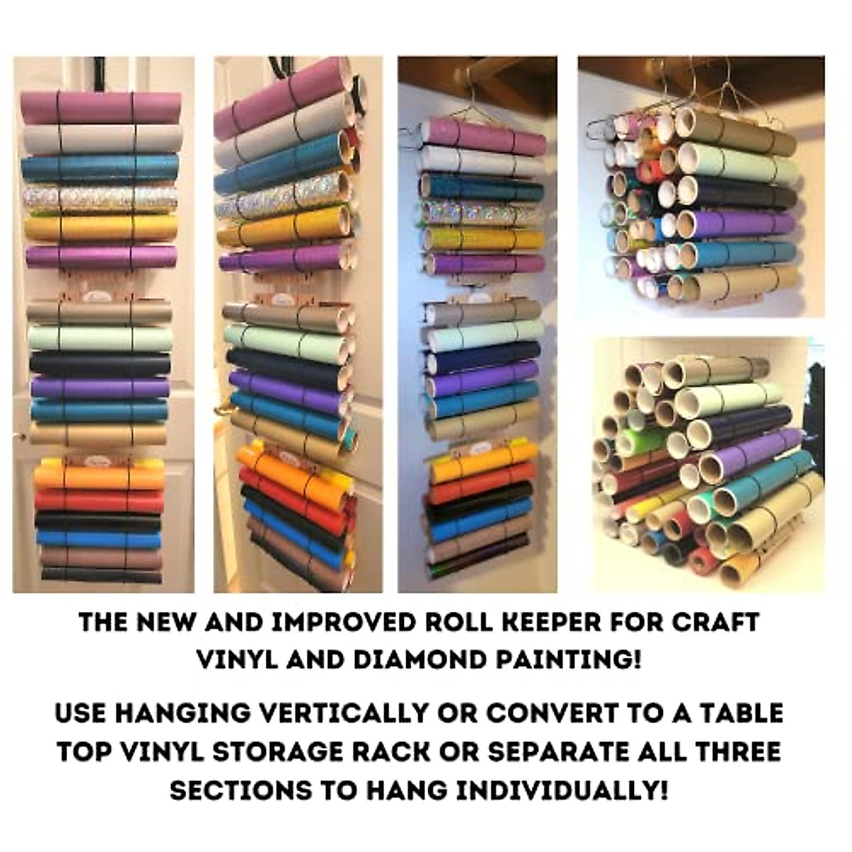 The Roll Keeper, Vinyl Roll Holder and Craft Room Organizer, Hanging Adjustable Rack, Diamond Painting Accessories,Closet, Door and Wall Mount, Holds 36 Roll (White Elastic)