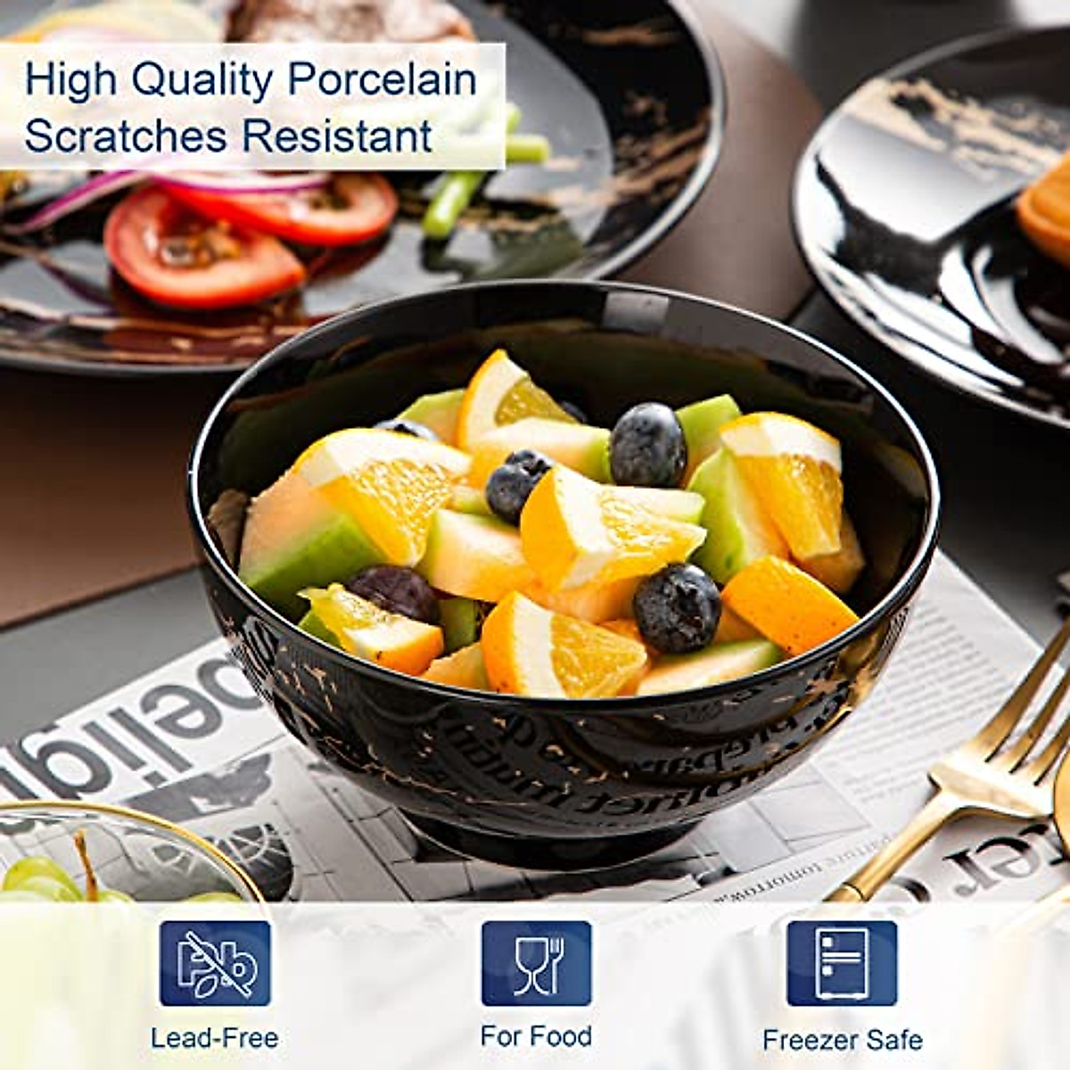 Plates and Bowls Sets for 4, Black Dinnerware Sets 16 Piece Gold Splash Glaze Round Dish Set, LOVECASA Porcelain Plate Set with Mugs Dishwasher Microwave Safe