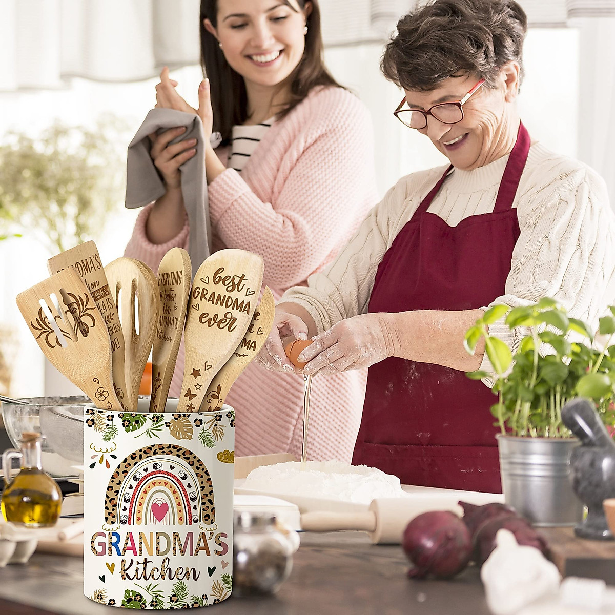 Rabbitable Gifts for Grandma, Ceramic Utensil Holder for Cooking with Wooden Spoons Mothers Day Gifts for Grandma, Grandma Mothers Day Gift Cooking Tools Kitchen Utensils Set with Wooden Spoons for 6