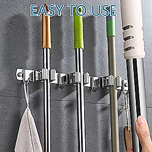 Nlmyt 2Pcs Broom Holder Wall Mount, Broom Organizer Wall Mount, Stainless Steel Mop Holder, Broom Hanger, Heavy Duty Broom Rack for Home, Garage, Garden, Laundry Room (3 Racks 4 Hooks)