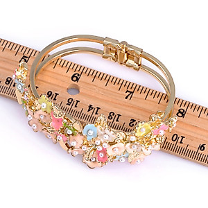 Alilang Faux Pearl Crystal Rhinestone Pastel Enamel Floral Flower Bridal Easter Bangle Cuff Bracelet