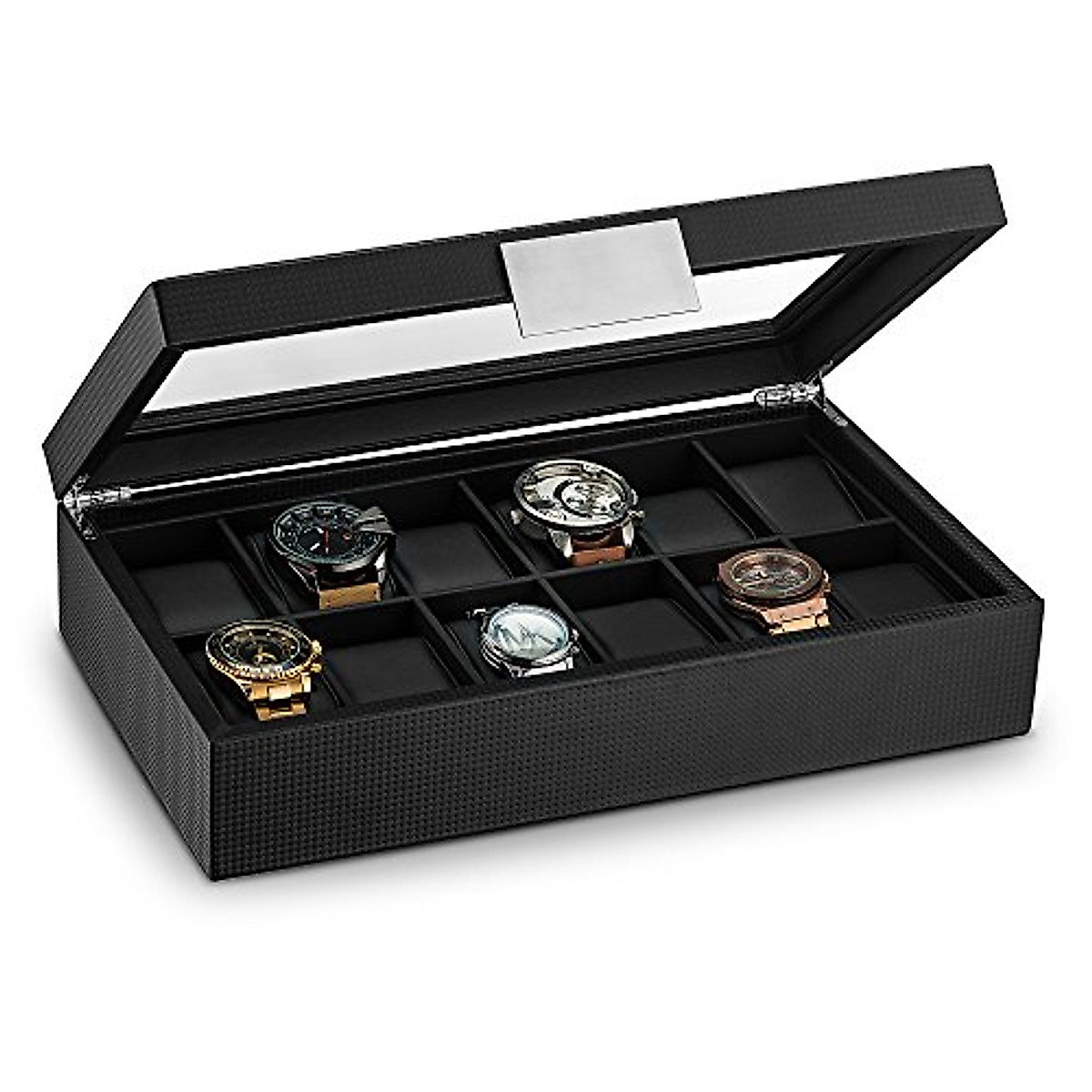 Glenor Co Watch Box for Men - 12 Slot Luxurious & Masculine Carbon Fiber Textured Watch Case, Sturdy Hinges, Large Watch Holder, Glass Top Watch Organizer for Men - Metal Accents - Black