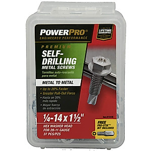 Power Pro Premium Self-Drilling Metal Screws, Zinc Plated Steel, Hex Washer Head Metal to Metal Winged Point Screws, Silver, ¼ x 1-½ inches, Box of 37 Screws