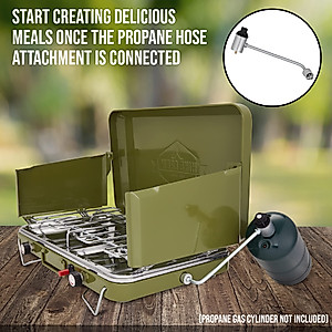 Hike Crew Gas Camping Stove | 20,000 BTU Portable Propane 2 Burner Stovetop | Integrated Igniter & Stainless Steel Drip Tray | Built-in Carrying Handle, Foldable Legs, Wind Panels | Includes Regulator