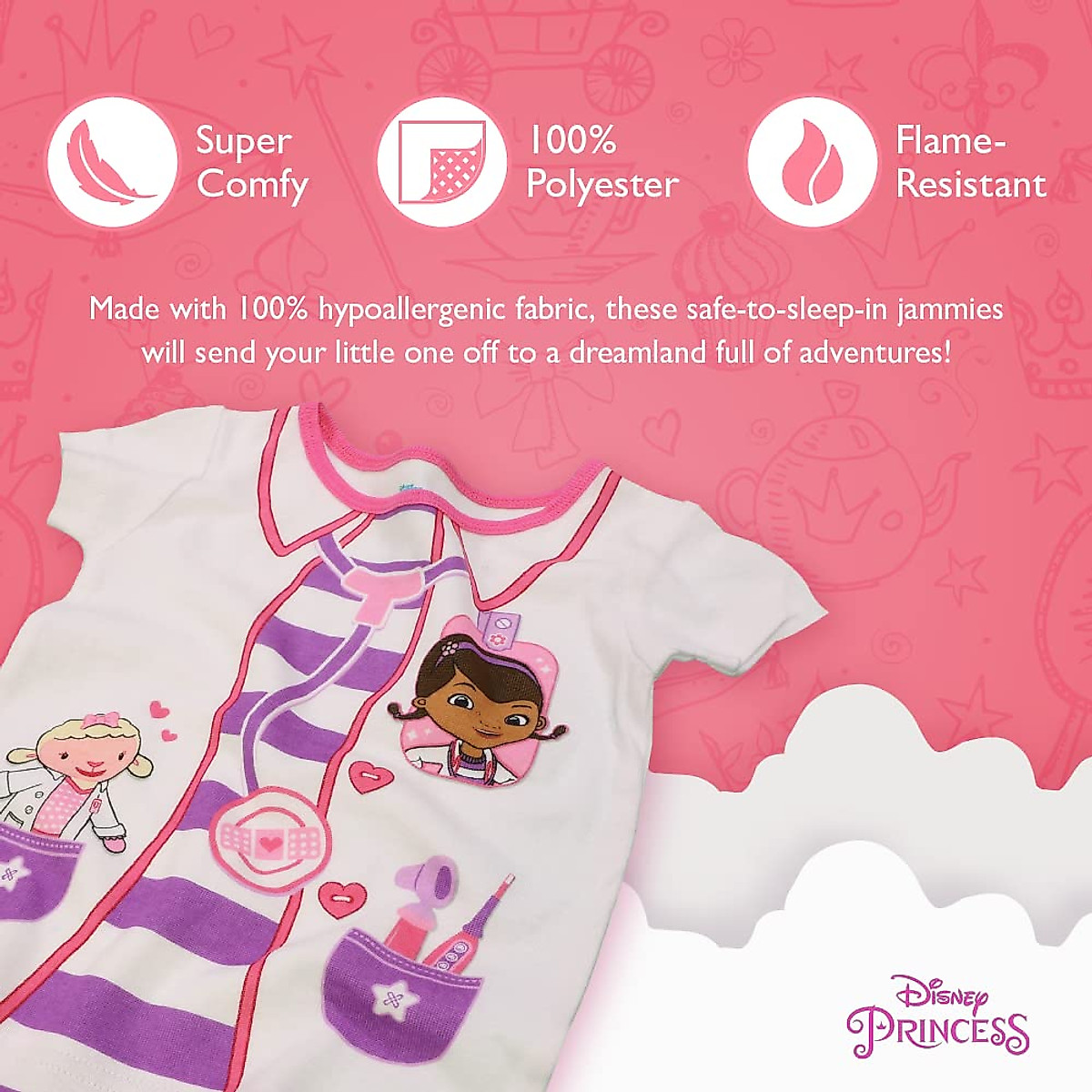 Disney Girls' Doc McStuffins 4-Piece Snug-Fit Cotton Pajamas Set, Doc's Uniform Lambie, 2T