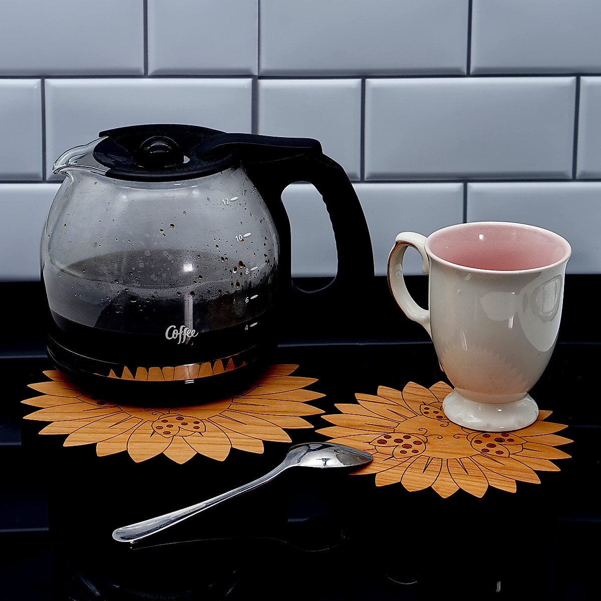Ladybugs on a Sunflower Trivet - Hand Crafted in The USA From Solid Cherry Hardwood (7.5" Diameters Ladybug Trivet)