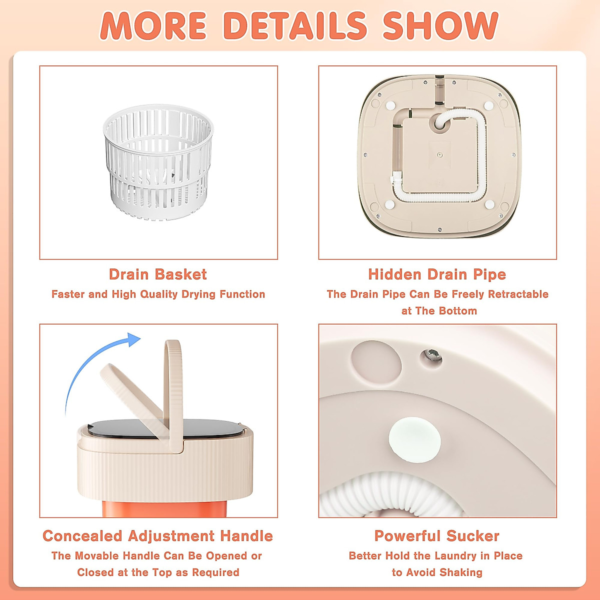 Superday Portable Laundry Machine for Baby Clothes, 11L Foldable Mini Portable Washing Machine Update Large Capacity, Small Portable Washer Machine with Deep Cleaning for Home, Apartments, RV(Orange)