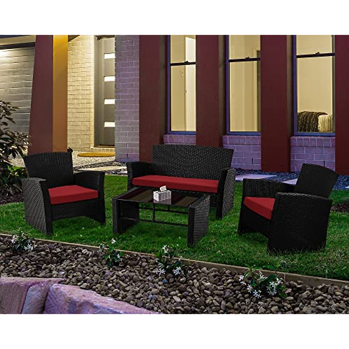 Leasbar Outdoor Patio Furniture Set 4 Pieces Outdoor Patio Conversation Set All-Weather PE Rattan Wicker Sectional Conversation Sofa with Coffee Table for Porch Deck(Red)