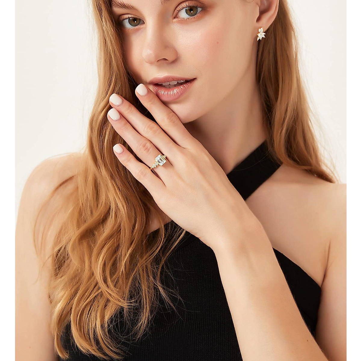 TIGRADE 3CT Engagement Ring for Women Emerald Cut Cubic Zirconia Promise Ring 14K Gold Plated CZ Eternity Wedding Band Size 3-11, Gold, Size 6.5