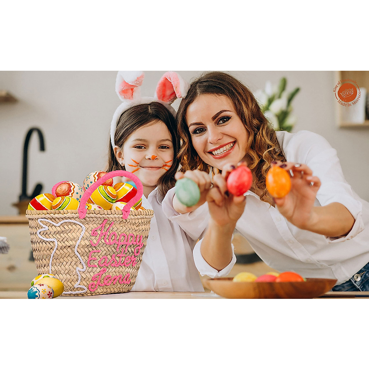 KING OF HANDMADE Personalized Easter Basket for Boys Girls with Custom Name, Cute Rabbit and Colorful Pompoms - Perfect for Easter Egg Hunt, Bucket Candies, Spring Birthdays and Baby Showers