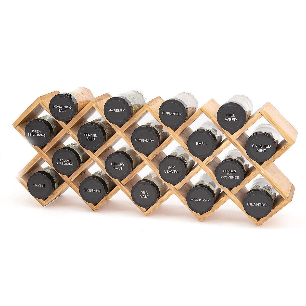 Kamenstein 18 Jar Criss-Cross 2-in-1 Spice Organizer for Countertop or Wall with Spices Included, FREE Spice Refills for 5 Years, Bamboo with Black Caps