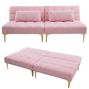 ChicFurnit Sofa Bed,Convertible Couch Bed with Three Backrest Adjustment Settings,71'' Teddy Fabric Upholstery Futon Sleeper Sofa with Gold Metal Tapered Leg Design for Living Room,Bedroom,Pink
