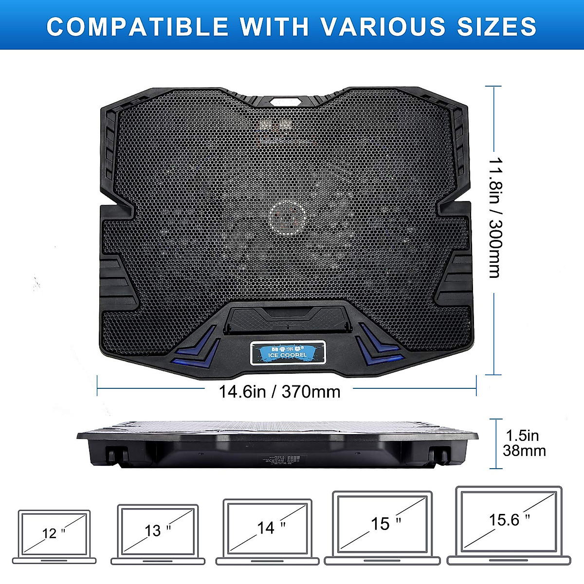 TAEHFUS Laptop Cooling Pad 5 Fans, Perfect for The Laptop Under 17.3 inchs, Blue Lights, Quiet and 2 USB switchs