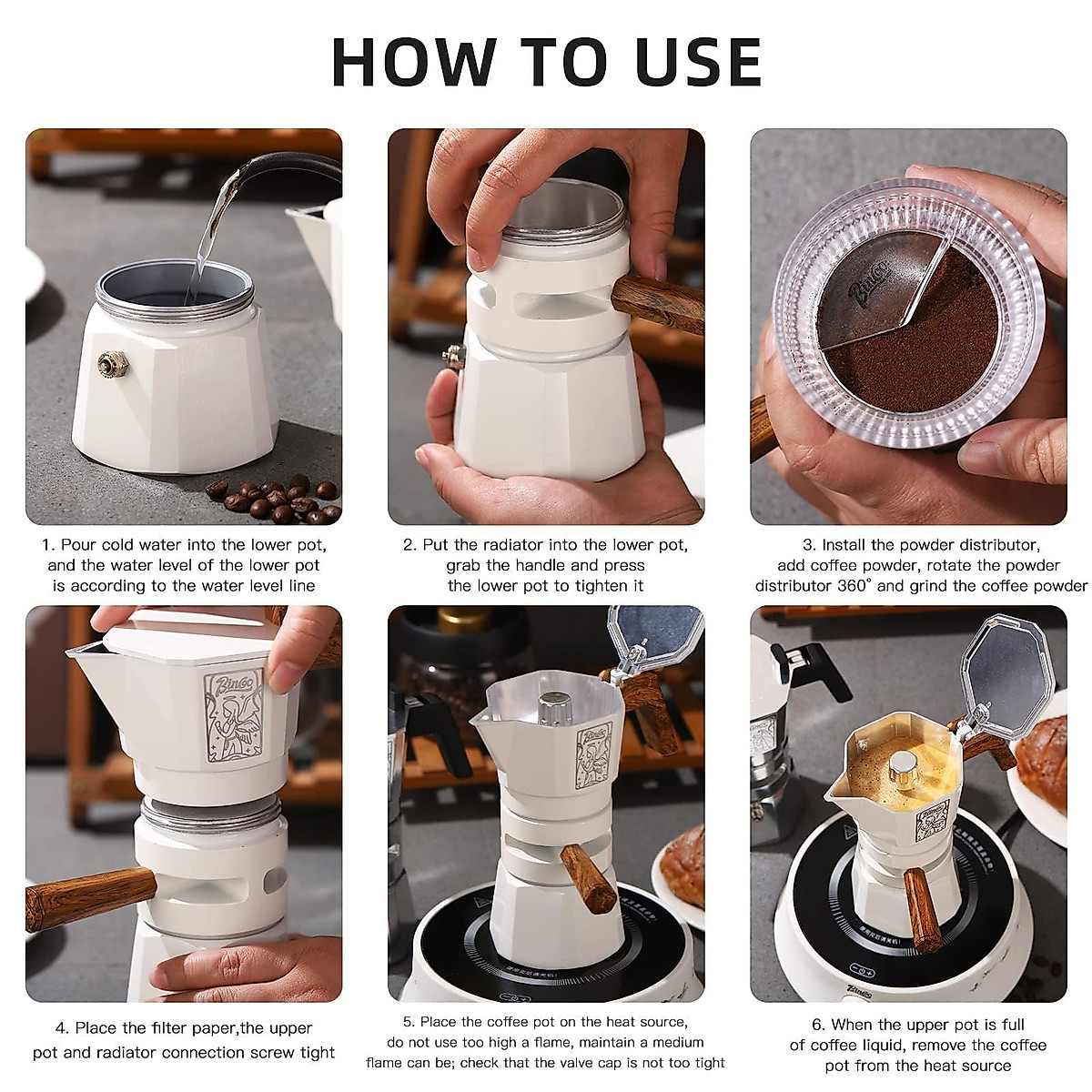 Bincoo 120ML/2 Cup Stovetop Espresso Maker Double Valve Moka Pot with Thermostat Extractor,Italian Espresso Moka Pot with Powder Dispenser and Filter Paper for Home(Black)