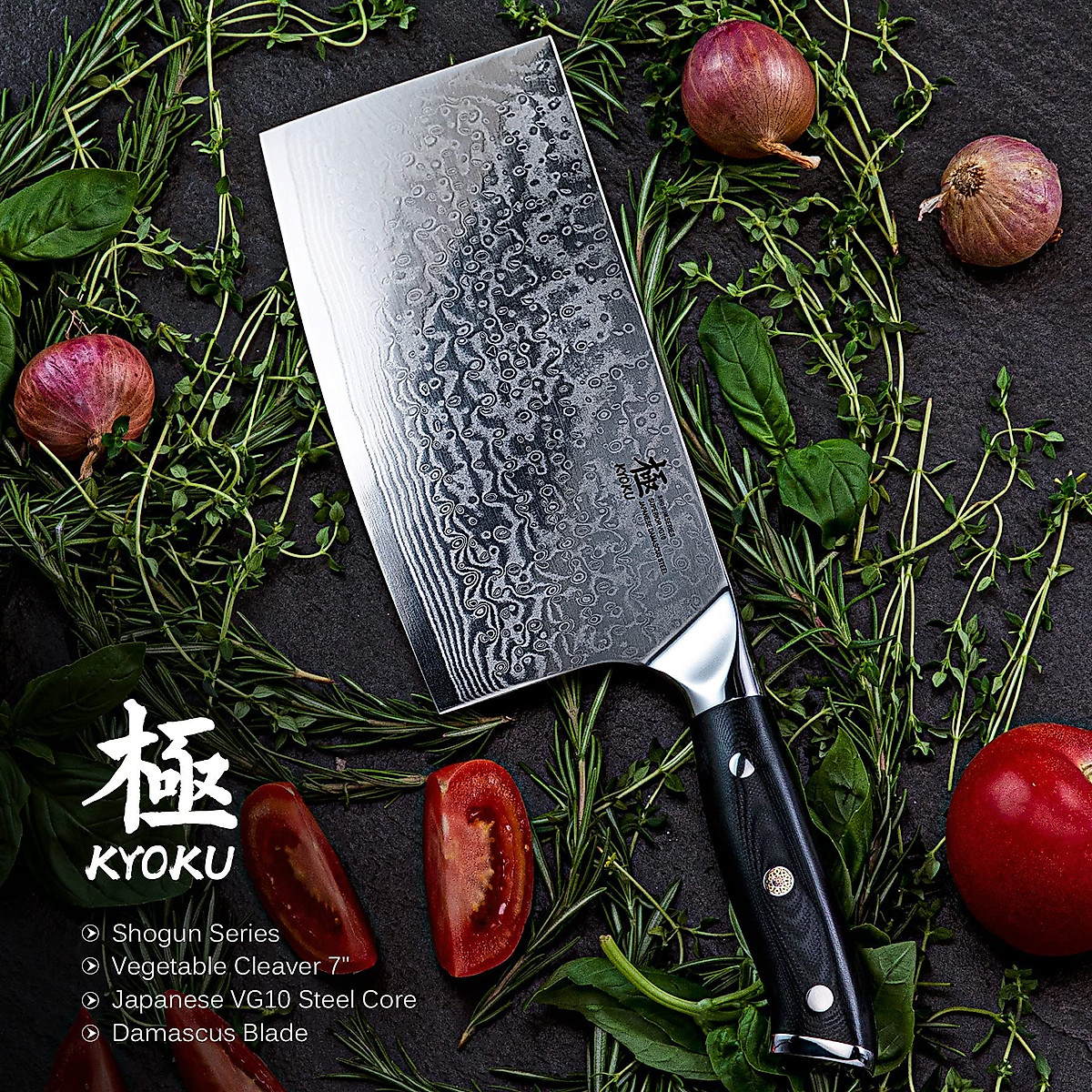 KYOKU 6" Utility Knife +7'' Cleaver + 8'' Serrated Bread Knife + 8.5'' Kiritsuke Knife - Shogun Series - Japanese VG10 Steel Core Forged Damascus Blade