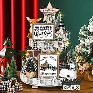FairySandy 13 Pcs Christmas Tiered Tray Decor Set Xmas Black and White Plaid Gnome Wooden Tabletop Signs Elk Gnome Truck Rustic Farmhouse Winter Decorative Trays Cozy Christmas Decor for Home Kitchen