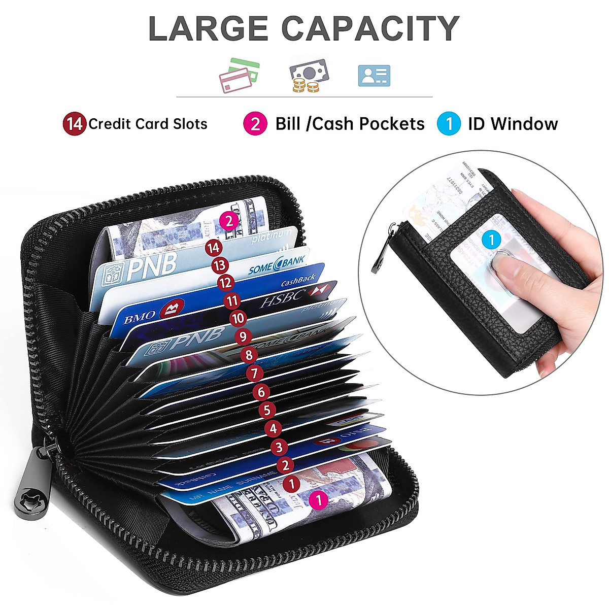 Badiya Genuine Leather Credit Card Holder RFID Blocking Accordion Small Card Case Wallet Zip Coin Purse for Women Men