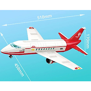 General Jim's White and Red Passenger Airplane 720 Piece Modular Building Block Bricks Toy Playset with Control Tower, Service Vehicle, and Motorcycle for Teens and Adults