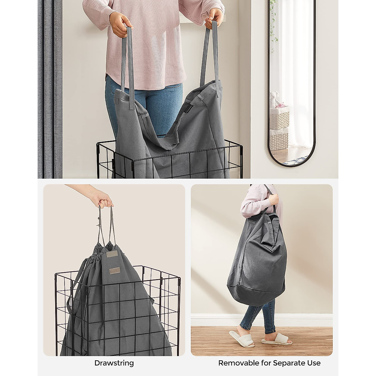 SONGMICS Laundry Hamper, 23.8 Gal. (90L) Laundry Basket, Collapsible Clothes Hamper, Removable and Washable Liner, Metal Wire Frame, for Bedroom Bathroom, Black and Gray ULCB190G01