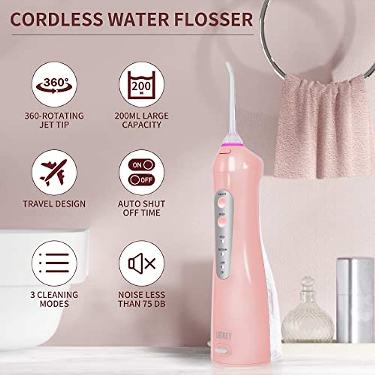 Water Flosser for Teeth, 200ML Cordless Water Flosser with 360°Rotable Nozzle, 3 Flossing Modes IPX7 Waterproof 6 Jet Tips Water Picks,Rechargeable Portable Water Flosser for Home & Travel (Pink)