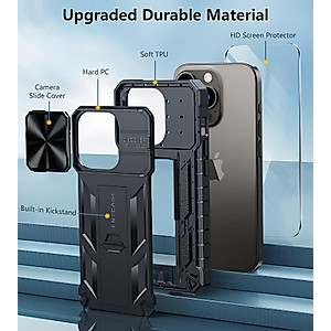 FNTCASE for iPhone 15 Pro Case: Military Grade Drop & Shock Protection Cell Phone Cover with Kickstand & Slide | Rugged Protective Bumper Textured | Heavy Duty Protector(Black)
