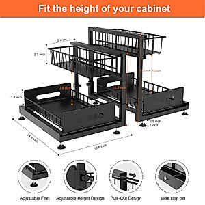 2 Pack Under Sink Organizers and Storage,Pull Out Cabinet Organizer,2-Tier Sliding Out Kitchen Basket Sink Shelf Cabinet Organizers Adjustable L Shape Counter Organizers for Bathroom Kitchen (Black)