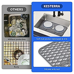 KESTERRA Sink Protectors for Kitchen Sink, 26"x 14" Center Drain Kitchen Sink Mats with Faucet Splash Guard, Silicone Heat Resistant Dish Pad for Bottom of Farmhouse Stainless Steel Porcelain Sink