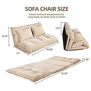 Sucrever Floor Sofa Chair with Adjustable 6-Position and 2 Pillows for Adults, Folding Lazy Sofa Sleeper Bed Couch for Reading or Gaming, Chaise Lounge Chair for Bedroom Living Room, Beige