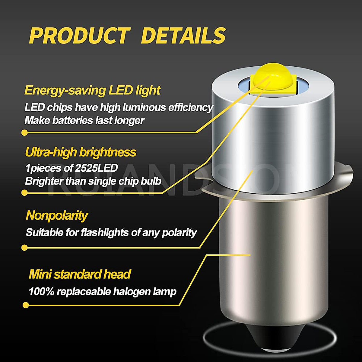 Ruiandsion Upgrade LED Flashlight Bulb P13.5S 6-24V LED Bulb 6V 9V 12V 18V 19.2V Replacement for Ryobi Milwaukee DEWALT Lamp Torch Lantern Work Light Maglit Bulbs, Non-Polarity (Pack of 2)