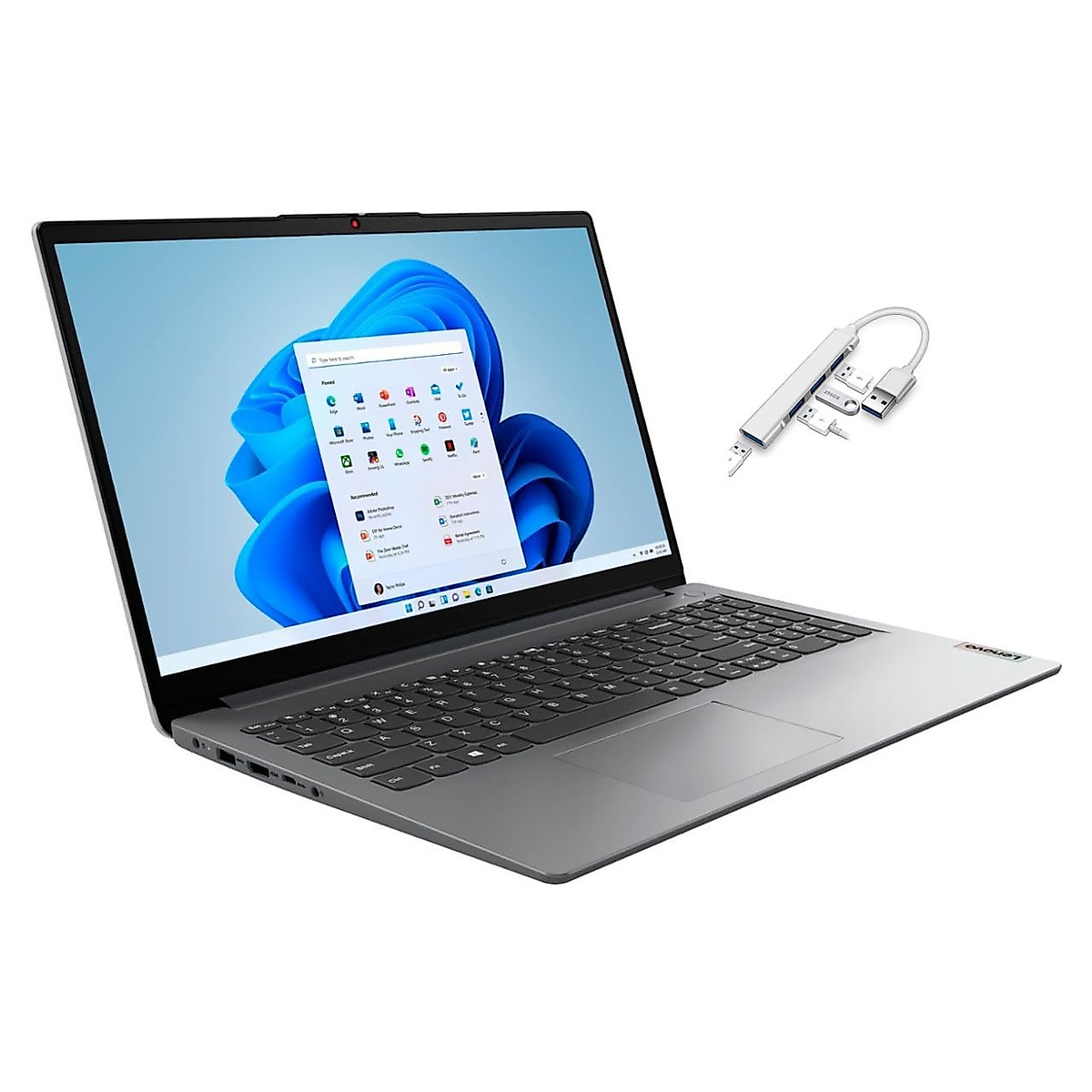 Lenovo Ideapad 1 15.6" HD Laptop | AMD Athlon Silver 7120U Processor | 4GB RAM DDR5| 128GB SSD | AMD Radeon Graphics | Windows 11 Home | Grey | Bundle with USB 3.0 Hub
