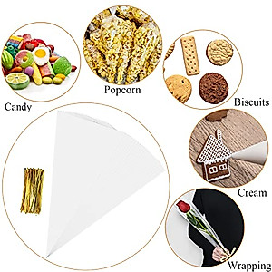 Onkuly 100 Pcs Cone Bags 6" X 12" Clear Popcorn Bags Gift Wrap Cellophane Bags with 100 Twist Ties for Treat, Candy