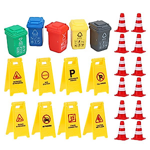 NUOBESTY Mini Traffic Signs Set, Plastic Street Signs Playset Traffic Cones Yellow Warning Sign Garbage Can Toy Safety Education Toy for Kids 25pcs