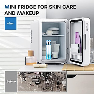 Ecowell WRE110 Mini Bedroom, 4L/6 Can Skincare Fridge with LED Mirror, AC/DC 12V Small Refrigerator for Skin Care Cosmetic Makeup Beauty Office Dorm Desk, White