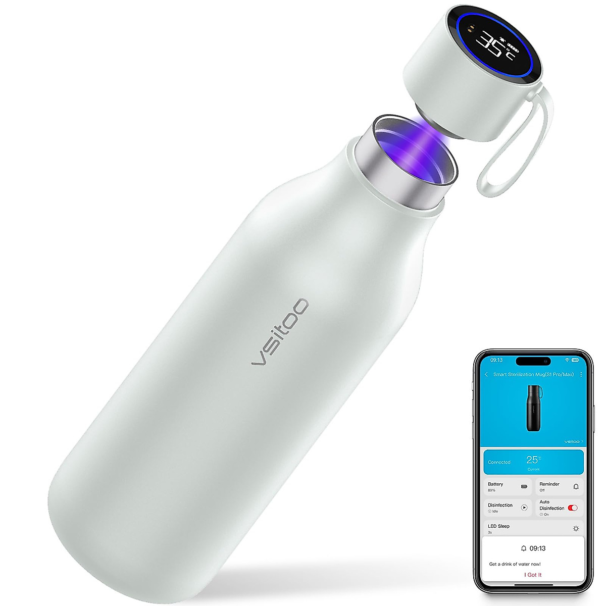 vsitoo Self-Cleaning Water Bottle, 33oz Insulated Stainless Steel BPA-Free Smart Water Bottle, Touch Screen APP Control & Auto-Cleaning, Thermal Flask for Travel, White