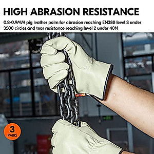 Vgo 3-Pairs Ulined Safety Pigskin Leather Work Gloves Men, Rigger Gloves, Builder Gloves (Size L, Light Cyan, PA9501)