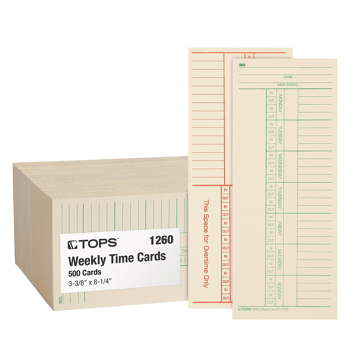 TOPS Time Cards, Weekly, 2-Sided, Named Days, 3-3/8" x 8-1/4", Manila, Green/Red Print, 500-Count (1260)