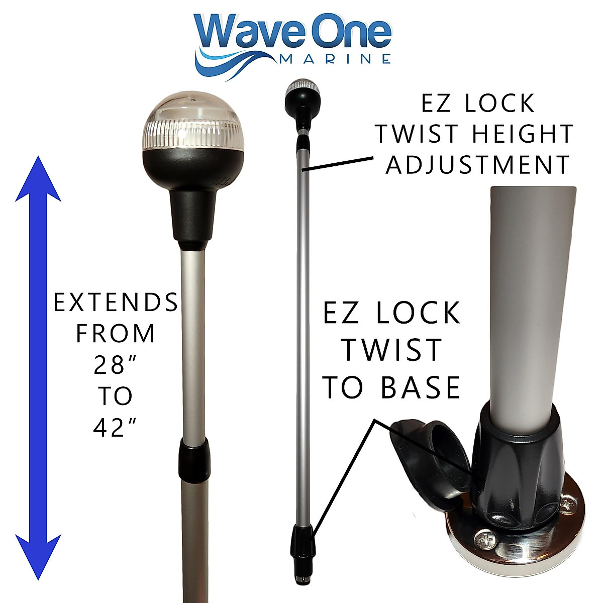 Wave One Marine | Adjustable Telescoping All-Around Anchor Light With Stainless Base | LED Boat Pole Aft Stern Navigation USCG 2NM | 12 Volt DC | 360 Night Nav Waterproof 28"-42"