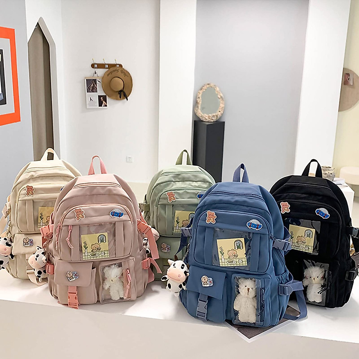 Kawaii Backpack Cute School Backpack Aesthetic Bookbags with Kawaii Pin Accessories for Teen Girls Green