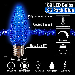 C9 LED Replacement Bulb by MIK Solutions (Pack of 25) LED Blue Replacement Christmas Light Bulbs Faceted Retrofit Candle Shape Commercial Grade E17 Socket Roof Lights Bulbs